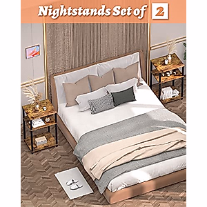 WOODYNLUX End Table Night Stand Set of 2, 3-Tier Bedside Tables, 5-Tier Shelf Bookcase, Accent Side Table for Couch, Living Room, Bedroom, Rustic Brown and Black, Easy Assembly.