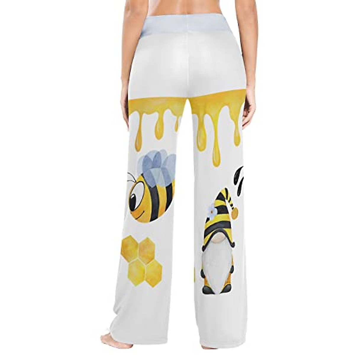 Yellow Flying Bee Dressed Up Gnome Honeycomb on White Pajama Lounge Pants Drawstring Stretch Pants Wide Leg(L)
