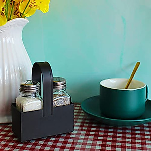 CVHOMEDECO. Salt and Pepper Shakers Set with Black Galvanized Caddy, Farmhouse Glass Salt and Pepper Shaker Dispensers, Black Metal Holder with Padded Feet, for Home Kitchen Table Decor. Rectangular