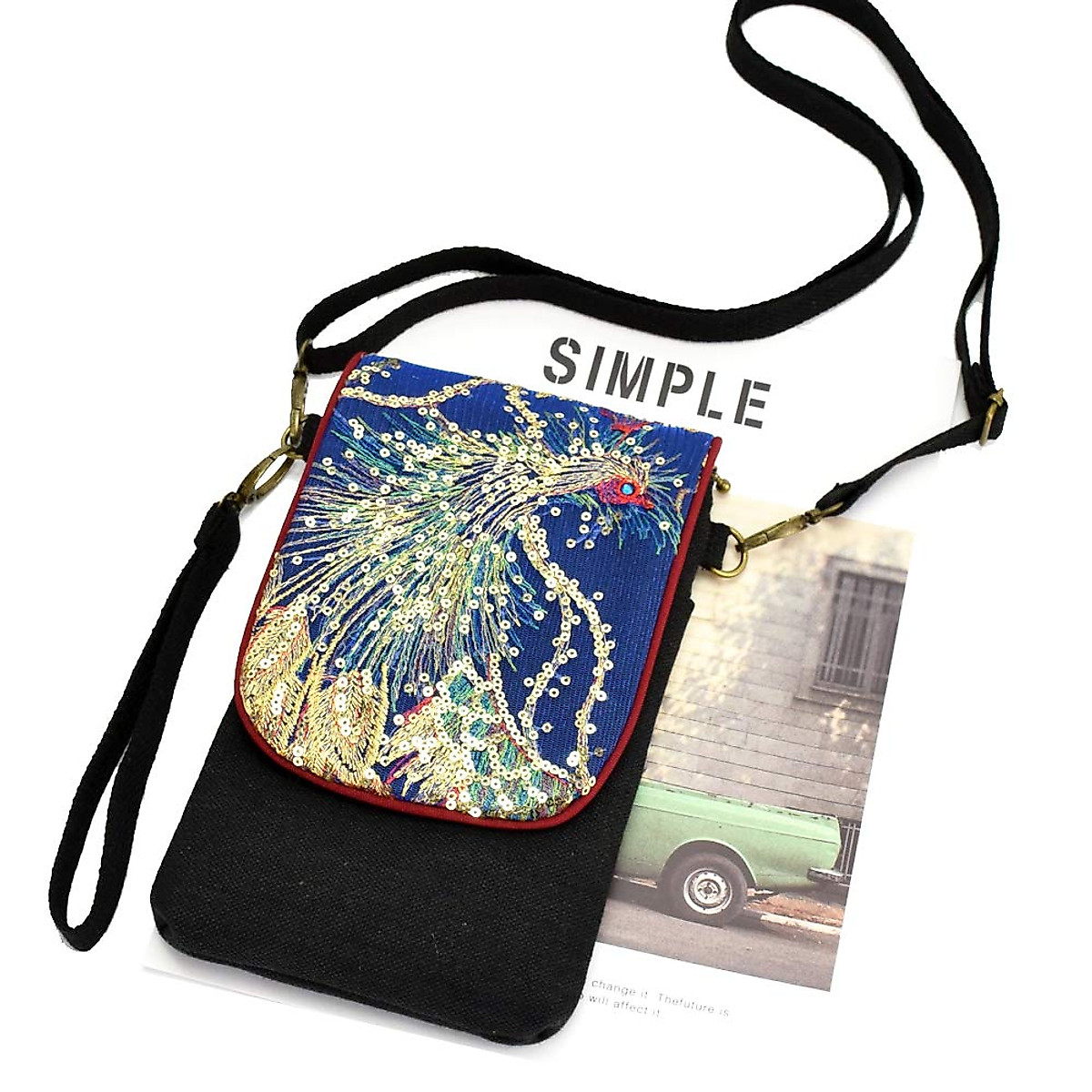 Vintage Canvas Boho Crossbody Purse Phoenix Sequin Wristlet Wallets for women Cell Phone Wallets (Blue)