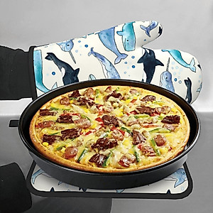 Cute Whale Oven Mitts and Pot Holders Sets of 2, Non-Slip Cooking Hot Pads Washable Heat Resistant for Kitchen Microwave BBQ Baking Grilling