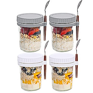 Mason Jars for Overnight Oats: 4 Pack Overnight Oats Containers with Lids and Spoons - 16 oz Glass Food Storage Containers for Milk, Cereal, Fruit - Oatmeal Jars/Canning Jars/Food Jars & Canisters