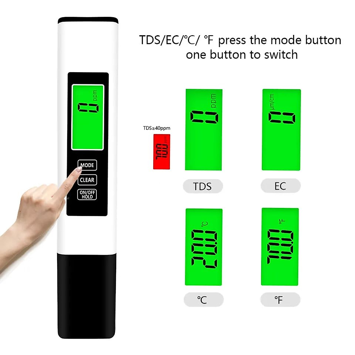 TDS Meter Digital Water Quality Tester,EC Meter & Temperature Meter 4 in 1,for Ro-Rodi System Drinking Water,Water Quality Tester 0-9990 PPM Measuring Range,1 PPM Increments（White）