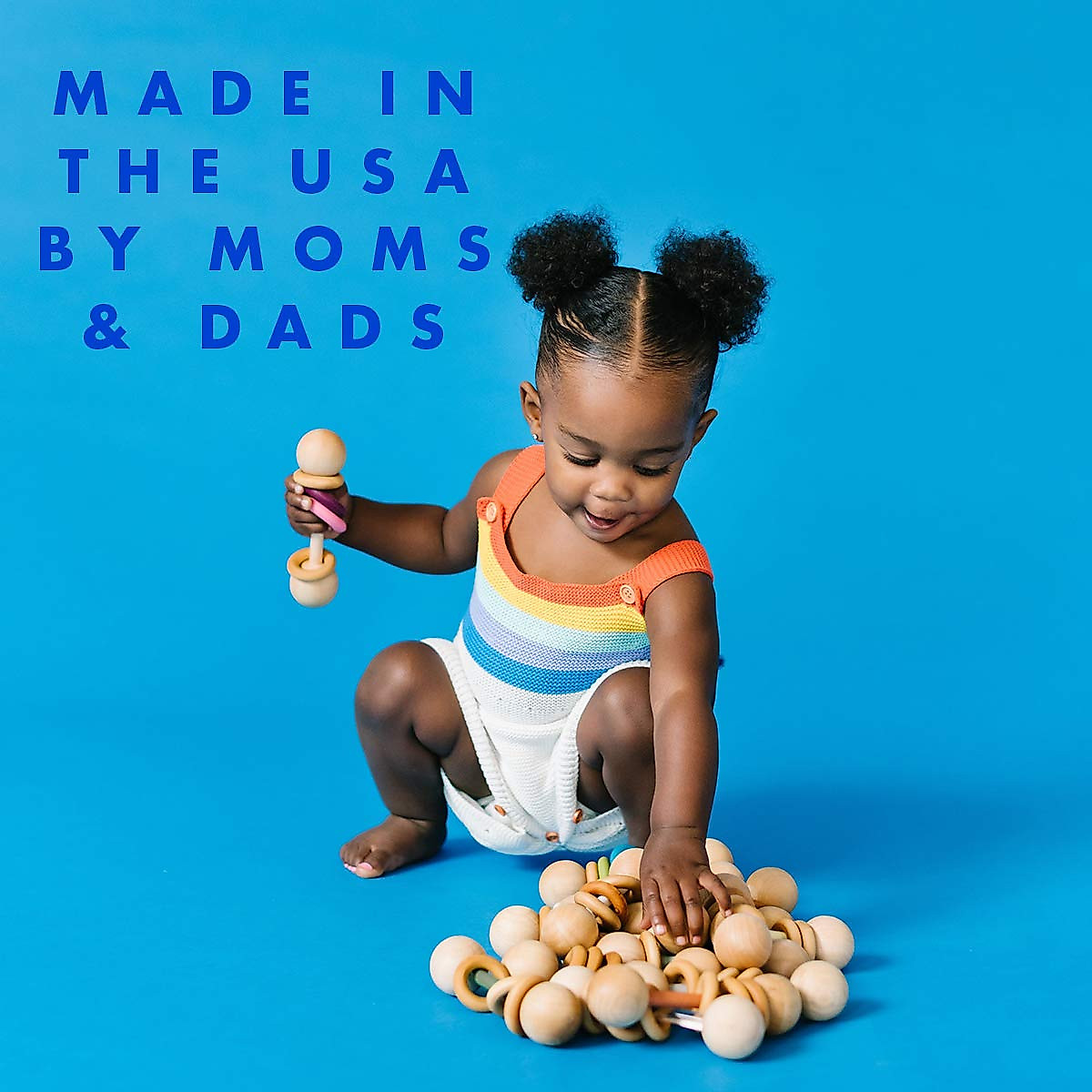 Wood Baby Rattle Teether by Homi Baby, Perfect Montessori Grasping Teething Toy for Babies, Handmade in The USA, Sealed with Organic Virgin Coconut Oil & Beeswax (Natural)