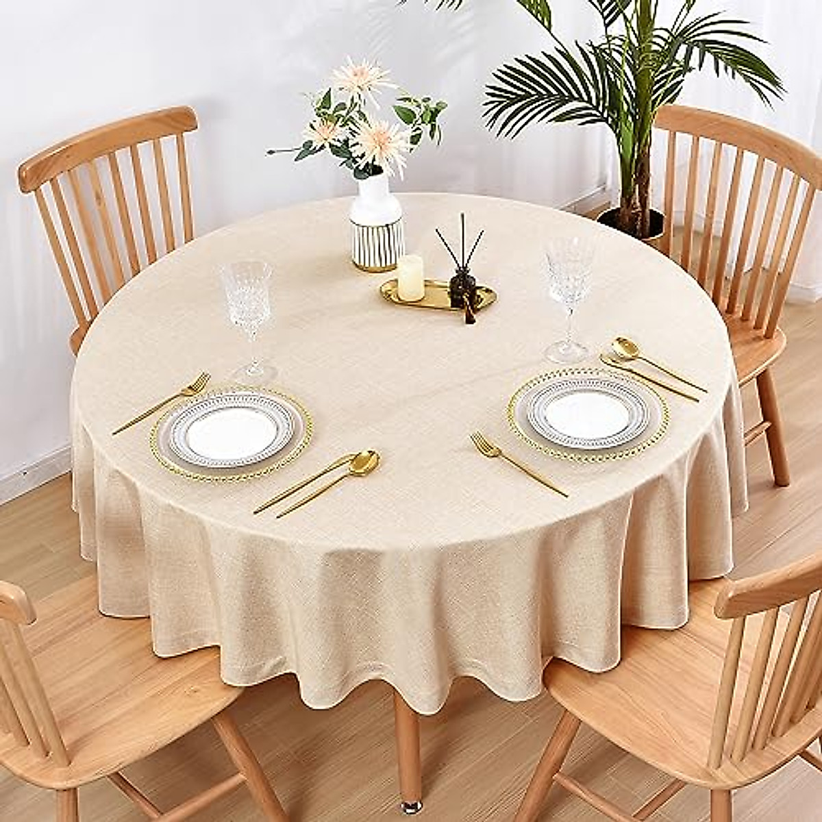 Wolkemer Faux Linen Round Tablecloth Heavy Duty Wrinkle Resistant Fabric Table Cloths 60 Inch Beige Coffee Table Cover for Kitchen Dining Indoor Outdoor Tabletop Decoration