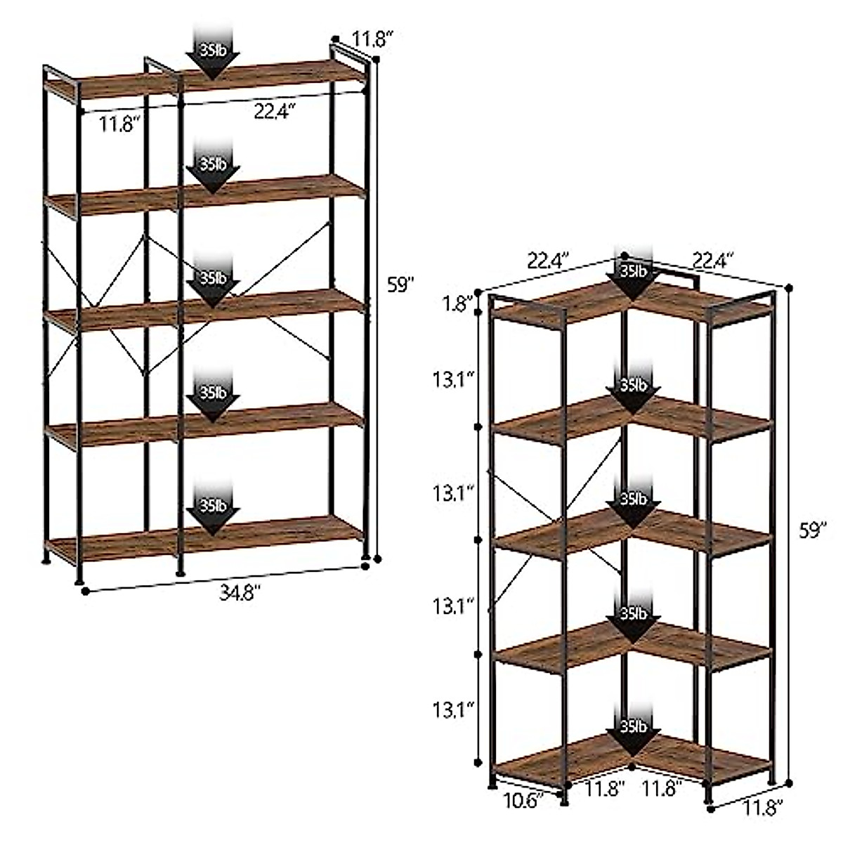 Tohomeor Bookshelf 5 Tier Deformable Corner Bookcase Free Standing Modern Industrial Book Storage Display Book Shelf for Bedroom Living Room Study Room Office (Brown)