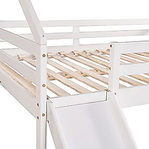 HYC Full Size Loft Bed with Slide, Wood Loft Bed Full with Playhouse Design, Kids House Loft Bed Frame for Boys Girls,White