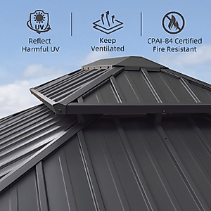 PURPLE LEAF 12' X 12' Hardtop Gazebo Aluminum Frame with Galvanized Steel Double Roof for Patio Lawn and Garden, Navy Blue Curtains and Netting Included Grey Outdoor Gazebo