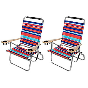 Garden Elements Colorful Foldable Reclining Aluminum Beach Chairs with Cupholders and Carrying Strap, Multicolor, Pack of 2
