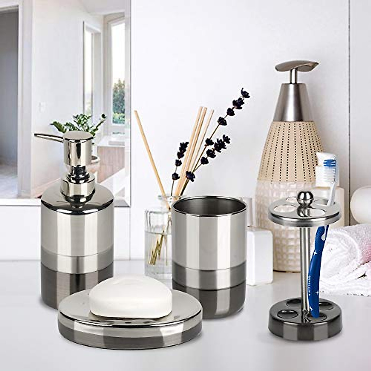 nu steel (Set of 4 Triune Bath Accessory Set in 3-Tone Shiny Gray Stainless Steel for Bathrooms & Vanity Spaces