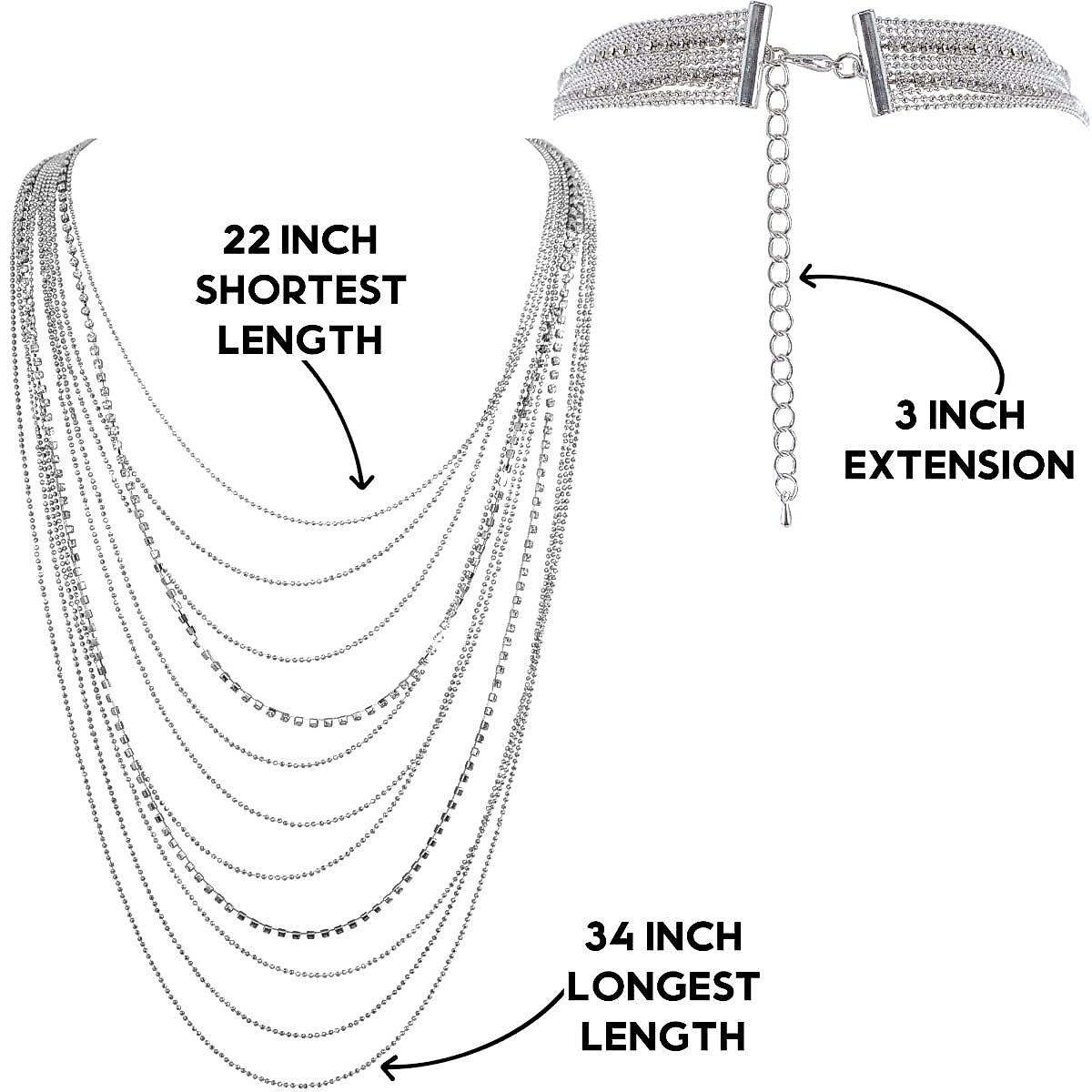 Humble Chic Rhinestone Necklace for Women - 925 Sterling Silver Plated Long Layered Necklaces for Women, Sparkly Fashion Simulated Diamond Chain, Trendy Statement Jewelry, Long Layered - Silver