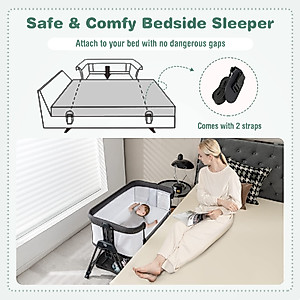 BABY JOY Bassinet Bedside Sleeper, Easy Folding Baby Crib w/All-Side Mesh, Storage Shelf, 7 Adjustable Heights, Mattress & Travel Bag for Safe Co-Sleeping, Portable Baby Bed for Newborn Infant -Gray