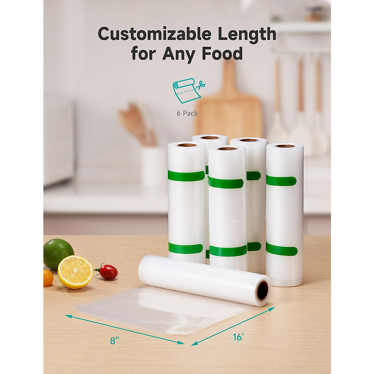 HiCOZY Vacuum Sealer Bags for Food, 6 Pack 8”x8.3’ Rolls for Custom Fit Airtight Food Storage, BPA Free for Meal Prep or Sous Vide Cooking, Safe to Microwave, Dishwasher, Boil, or Freeze