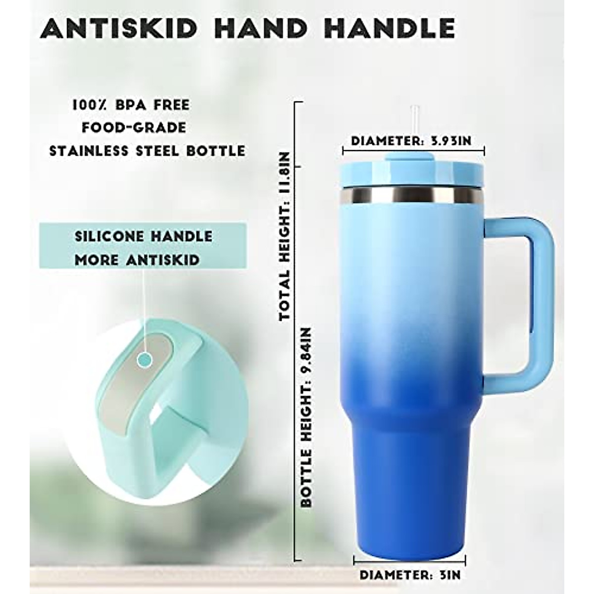 DREAMING MY DREAM 40oz Tumbler with Handle, H2.0 Tumbler Reusable Vacuum, Insulated Tumbler With Lid and Straws, Insulated Cup, Leak Resistant Lid (Gradient Blue or Sky Blue)
