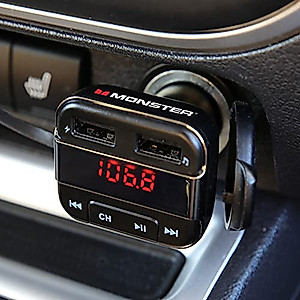 Monster Bluetooth FM Transmitter with 3.4 AMP USB Charging and External Mic, Two Ports, Hands-Free Calls, Siri, Google Assistant, Flash Drive, MicroSD Card, Music File Support, MP3, WMA, WAV, FLAC,
