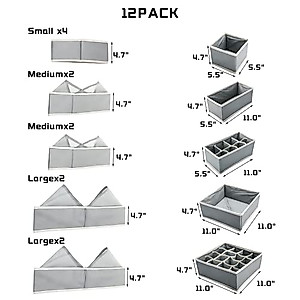 Patioer 12 Pack Underwear Drawer Organizer Dividers Foldable Drawer Organizer For Clothes Cloth Storage Box Closet Dresser Organizer Cube Fabric Containers Basket Bins for Underwear Bras Socks, Gray