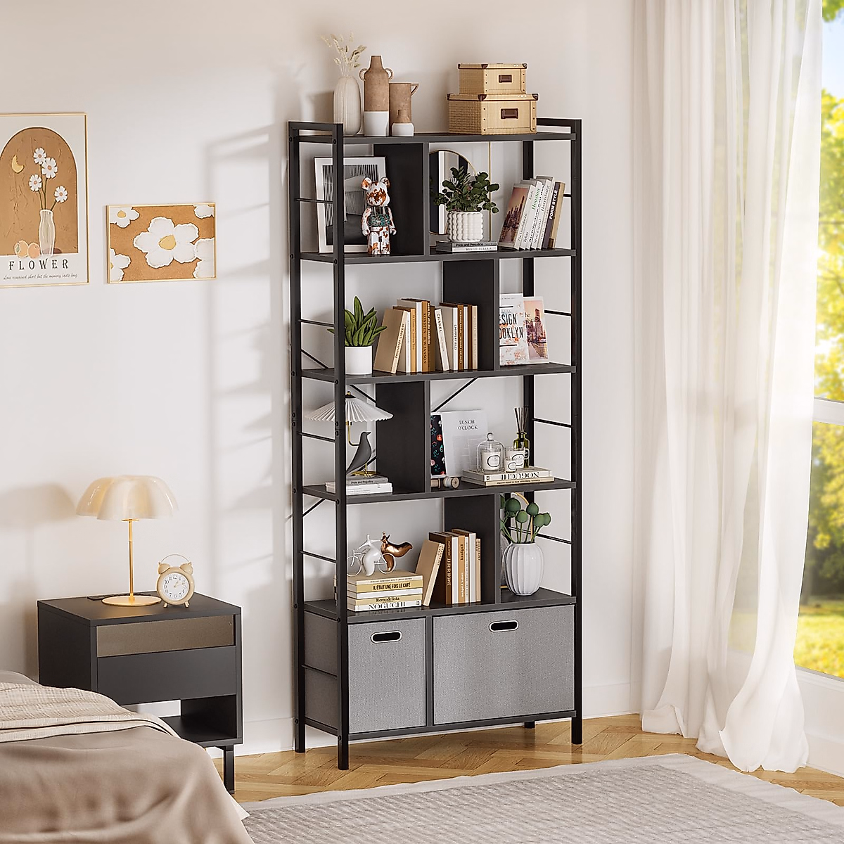 armocity 74 Inch Tall Bookshelf, 6 Tier Bookcase with Drawers, Modern Book Shelf Display Standing Shelf Units with Storage, Wood and Metal Bookshelves for Living Room, Bedroom, Home Office, Black