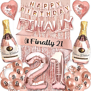 21st Birthday Party Decorations for Her Rose Gold Supplies Big Set with Birthday Banner and 21 BDay Digit Balloons for Women Including Latex and Confetti Balloons