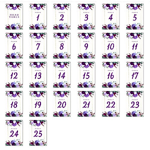 SLS Vision Table Number Cards for Wedding or Other Events. 4x6 Inches, Double-Sided, Numbers 1-25 Plus Head Table Card, Made in USA. Purple Bliss.