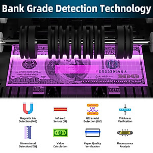 Money Counter Machine PONNOR with Value Count, Dollar, Euro with UV/MG/IR/DD/DBL/HLF/CHN Counterfeit Detection, Bill Cash Counting, Large LCD Display