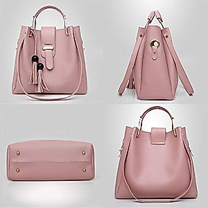 Chikencall Women 3Pcs Set Bucket Bags PU Leather Top Handle Bags Chain Shoulder Bag Satchels Working Shoper Handbag Purses Pink