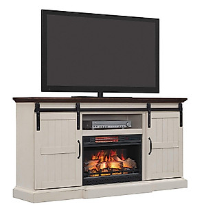 ClassicFlame Hogan 66" Farmhouse Fireplace TV Stand & 26" Electric Infrared Firebox with Log Set - Weathered White, 26MM90273-W476 & 26II042FGL