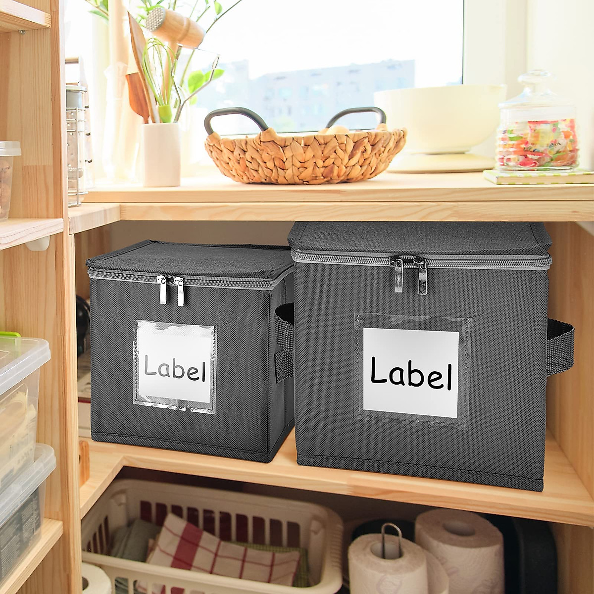 Karenhi 4 Pcs China Storage Containers Hard Shell, China Plate Storage Containers with Lid Stackable Platter box for Dishes Plates, Grey