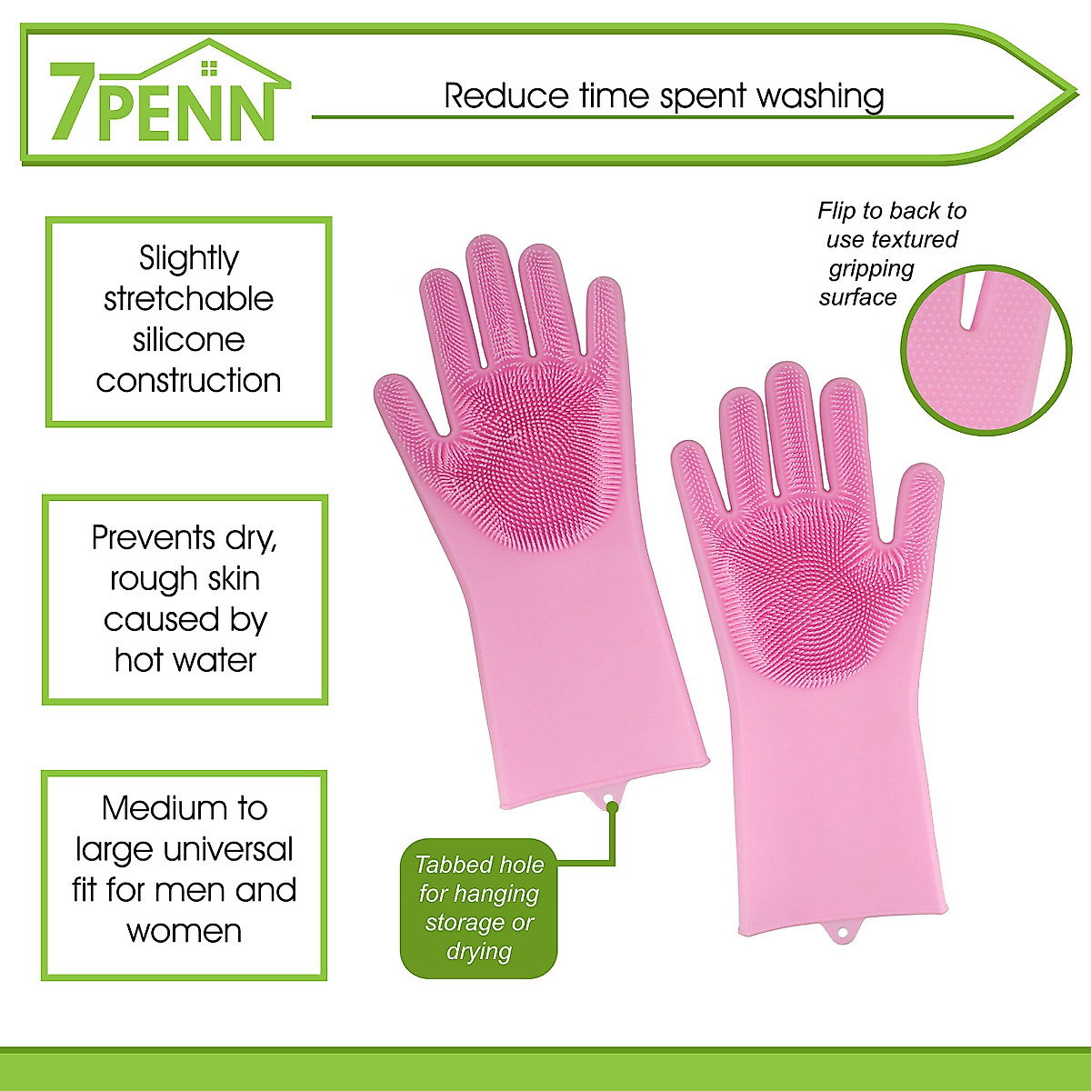 7Penn Reusable Dishwashing Gloves with Scrubber Bristles, Pink - Silicone Scrub Dish Cleaning Gloves for Men and Women