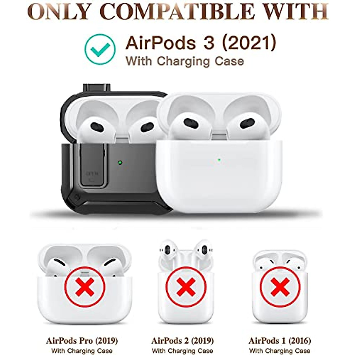 Airpods 3rd Generation Case Men Lock with Cleaning Kit, GARTOO Protective Cover with Cleaning Pen Compatible with Airpod 3rd Gen Case, Shockproof Rugged Shell for Air Pods 3 2021 Charging Case, Black