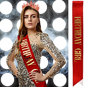 Velscrun Red Crystal Birthday Tiara Crowns for Women Girls Elegant Princess Crown with Combs Birthday Girl Headband Sash Happy Birthday Party Decorations Birthday Gift Cake Topper Hair Accessories