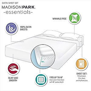 Madison Park - SHET20-173 Satin Wrinkle-Free Luxurious and Silky with 16" Deep Pocket 6 Piece Durable Sheet Set, Queen, Black