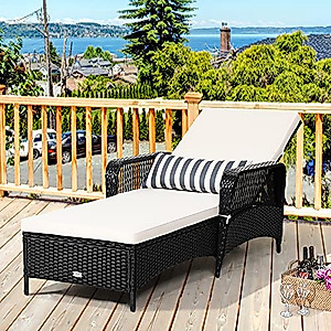 Tangkula 2 Pieces Patio Wicker Chaise Lounge Chair, Outdoor Rattan Reclining Chaise w/ 6-Gear Adjustable Backrest, Thick Padded Cushion & Removable Lumbar Pillow, Ideal for Lawn, Beach, Balcony