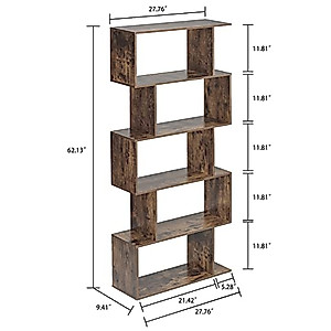 Aroktake 5-Tier Bookshelf, Geometric Bookcase with Anti-Tipping Device, S Shaped Book Shelves, Freestanding Decorative Storage Shelving for Living Room Home Office (Rustic Brown)