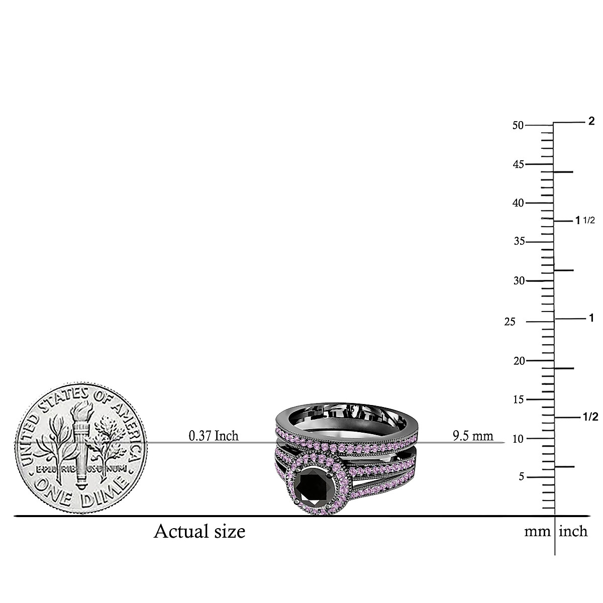 Dazzlingrock Collection Black Rhodium Plated 10K Round Amethyst & Black Diamond Halo Wedding Ring Set in 10K White Gold, Size 7