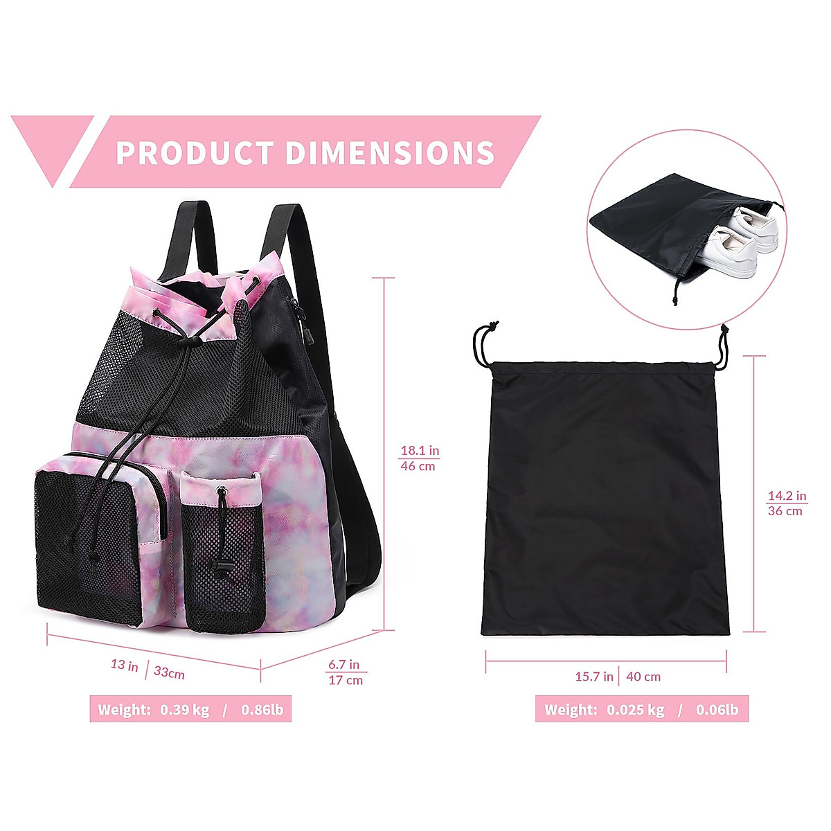 Lohol Mesh Drawstring Backpack with Shoes Bag, Swimming String Sack for Sports Gym Yoga Beach Travel (Pink Galaxy)