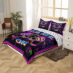 Gaming Bedding Set Gamer Neon Purple Pink Comforter Cover for Kids Boys Girls Hippie Graffiti Game Room Decor Duvet Cover Breathable Modern Gamepad Bedspread Cover Room Decor Bedclothes Full Size