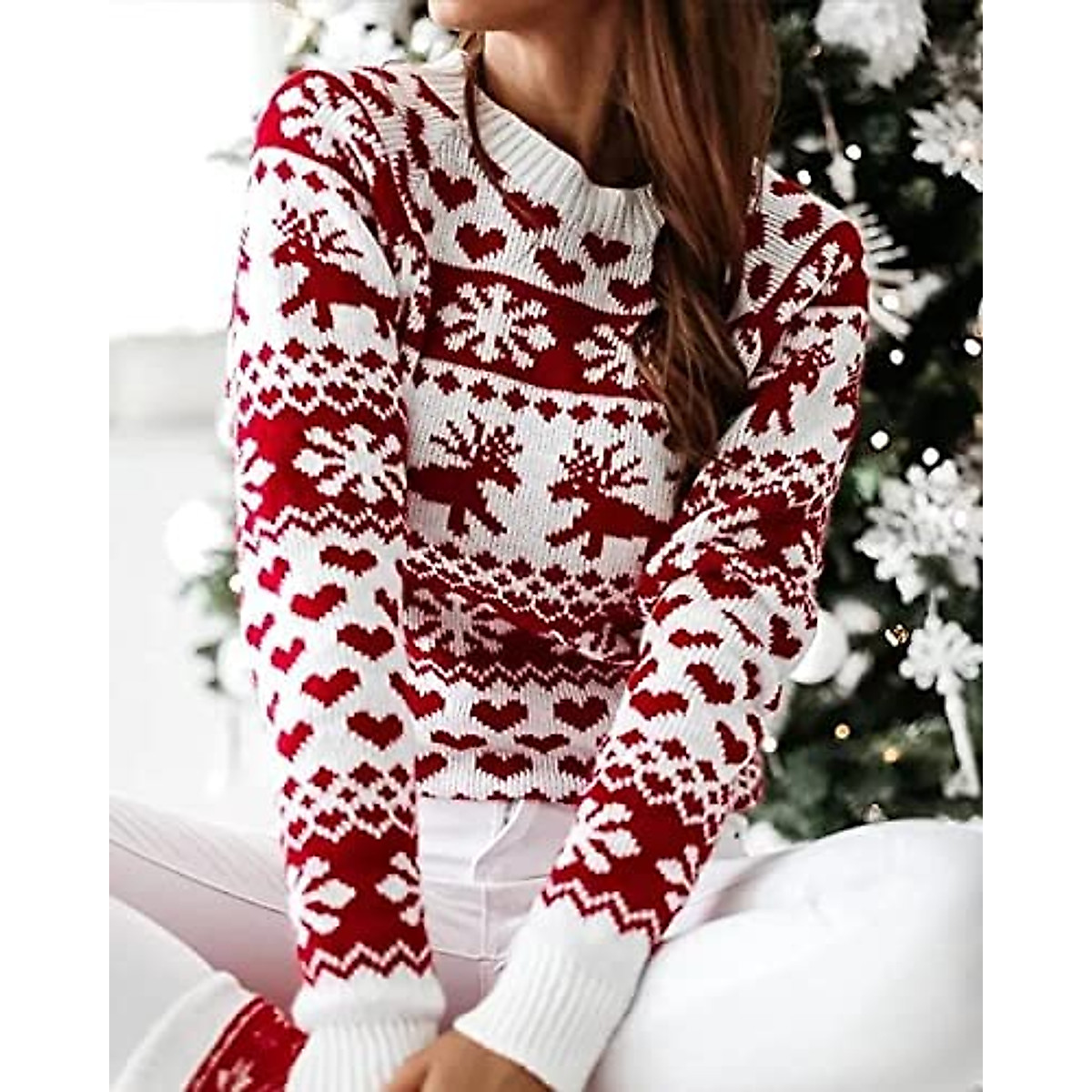ZAFUL Women's Christmas Reindeer Xmas Snowflake Patterns Knitted Sweater Long Sleeve Elk Floral Printed Pullover White