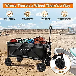 Yardsam Collapsible Folding Utility Wagon Cart Outdoor, Heavy Duty Garden Cart with All Terrain Wheels, Large Capacity Foldable Beach Wagon Cart for Camping Shopping, w/Cargo Net/Straps, Black