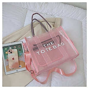 UMRFNO Clear Tote Bags for Women PVC Transparent Mesh Tote Bag With Zipper Fashion Purse Tote Bag Shoulder Handbags (Light Pink)
