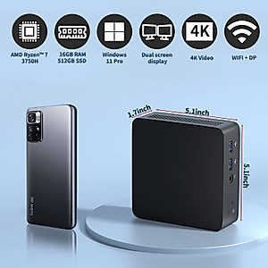 AMD Ryzen 7 3750H Mini PC,16GB RAM 512 GB SSD Micro Desktop Computers, Radeon RX Vega 10 Graphics, Mini Computer DP 4K Dual Screen, Small Form Factor for HTPC, Office, Video Editing, Light Gaming