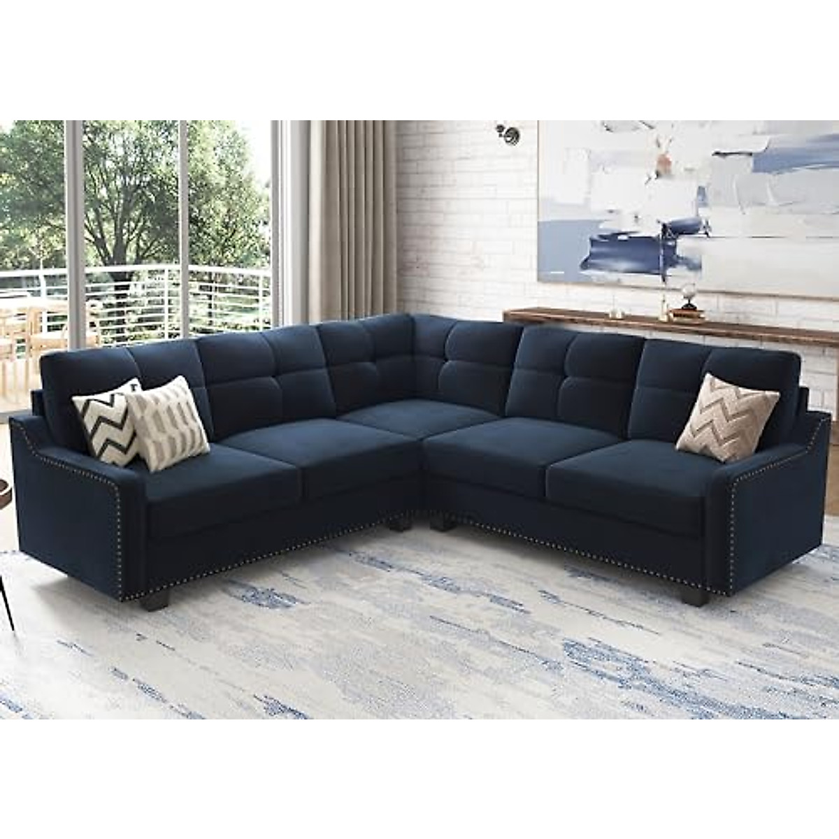 HONBAY Convertible Sectional Sofa L Shaped Couch for Small Apartment Reversible Sectional Couch for Living Room,Velvet Dark Blue