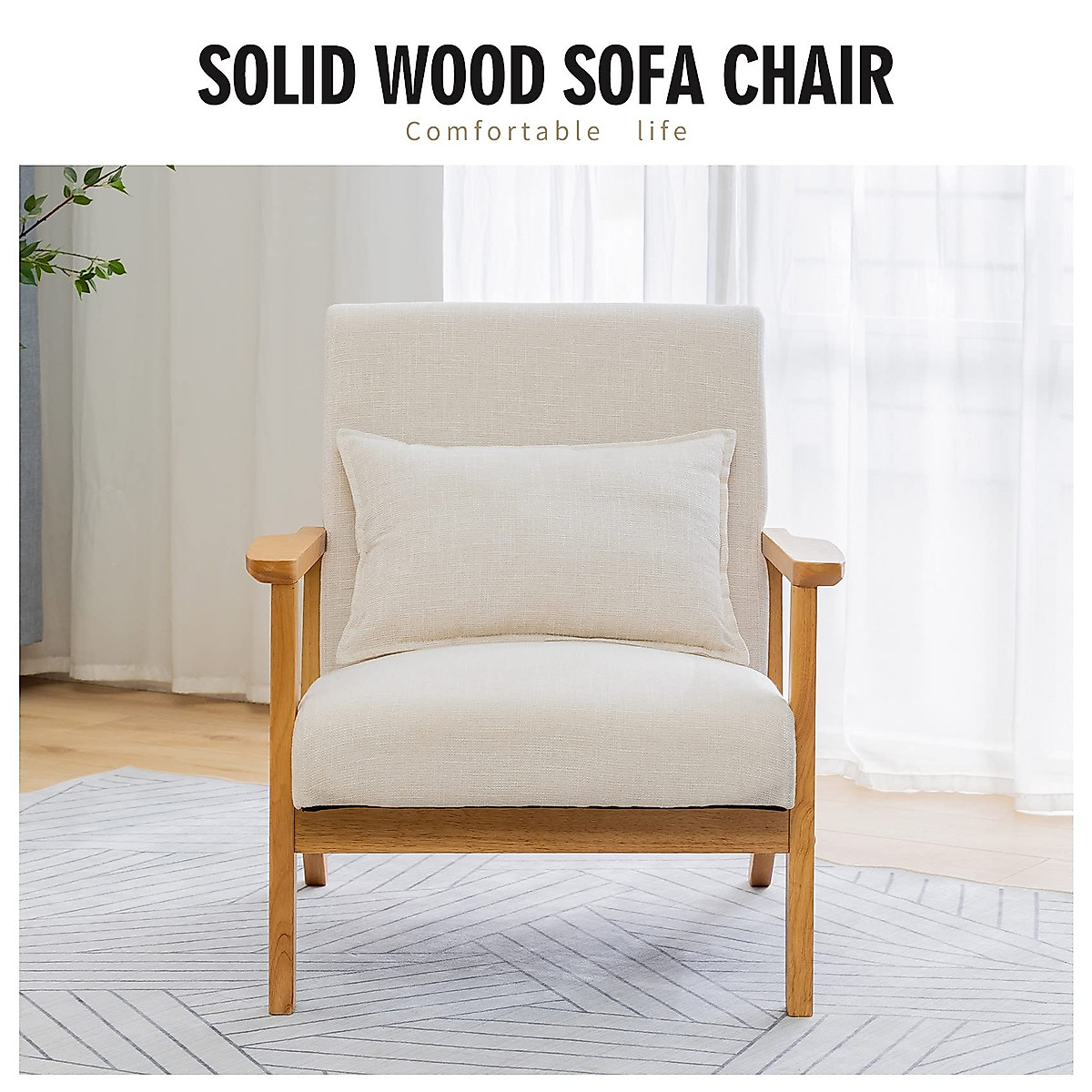 UNICOO - Mid-Century Modern Accent Chair, Fabric Reading Armchair, Easy Assembly, Lounge Chair for Living Room Bedroom (U202-1 Nature + Beige)