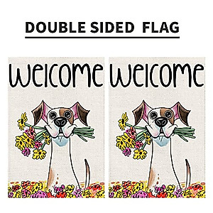 Welcome Spring Flower Garden Flag 12x18 Inch Double Sided Burlap Outside, Seasonal Floral Dog Sign Yard Farmhouse Outdoor Decor DF239