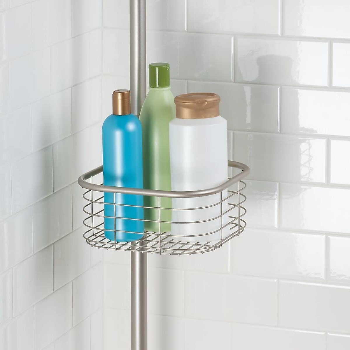 mDesign Bathroom Shower Corner Tension Pole Caddy with Adjustable Height - 4 Positionable Baskets for Organizing Shampoo, Conditioner, Shaving Cream, Soap, Loofah - Omni Collection - Satin