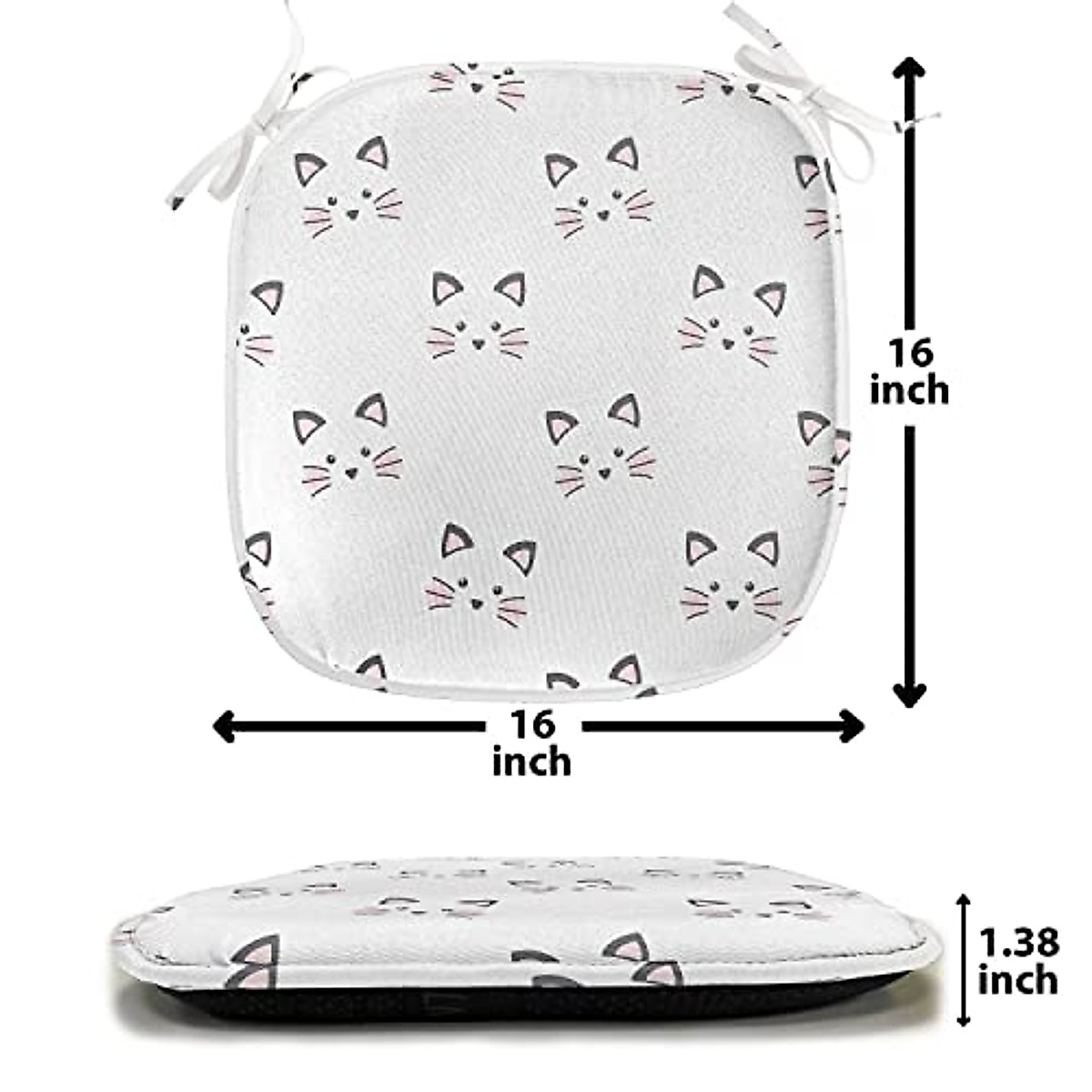 Ambesonne Kitten Chair Seating Cushion Set of 8, Sketching of a Blushing Cat Face Features Cartoon Style Hand Drawn Cat Whiskers, Seat Pads for Office with Anti-Slip Backing, 16"x16", Grey Pale Pink