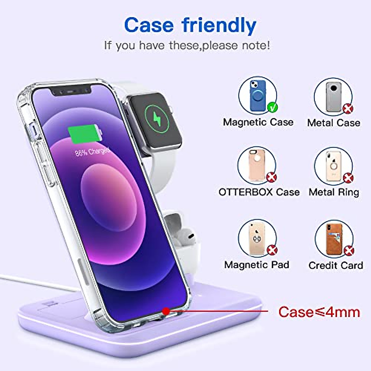 WAITIEE Wireless Charger 3 in 1,15W Fast Charging Station for Apple iWatch 6/5/4/3/2/1,for AirPods Pro,for iPhone 14/13/12/Pro Max/11 Series/XS Max/XR/XS/X/8/8 Plus,for Samsung Galaxy Phones (Purple)