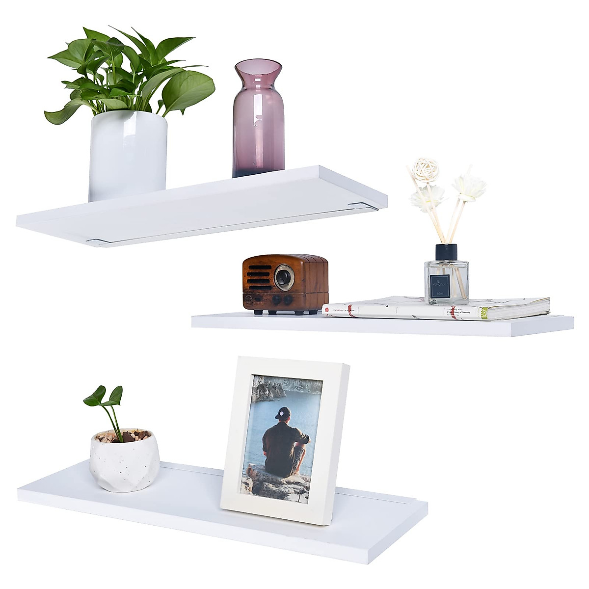 CHANGE MOORE Floating Shelves for Wall Set of 3 Easily Wall Mounted Wood Storage Shelves Hanging Shelf for Bedroom, Bathroom, Living Room, Kitchen, Office White