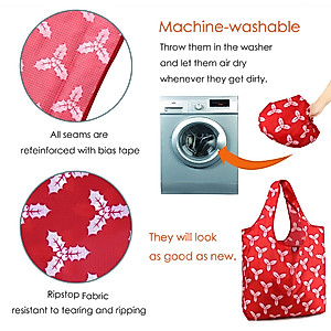 BeeGreen Christmas Red Reusable Grocery Bags 12 Pack with Storage Pouch & Elastic Band Gift Bags Shopping Tote Bags Bulk Ripstop 50LBS Extra Large Foldable Machine Washable