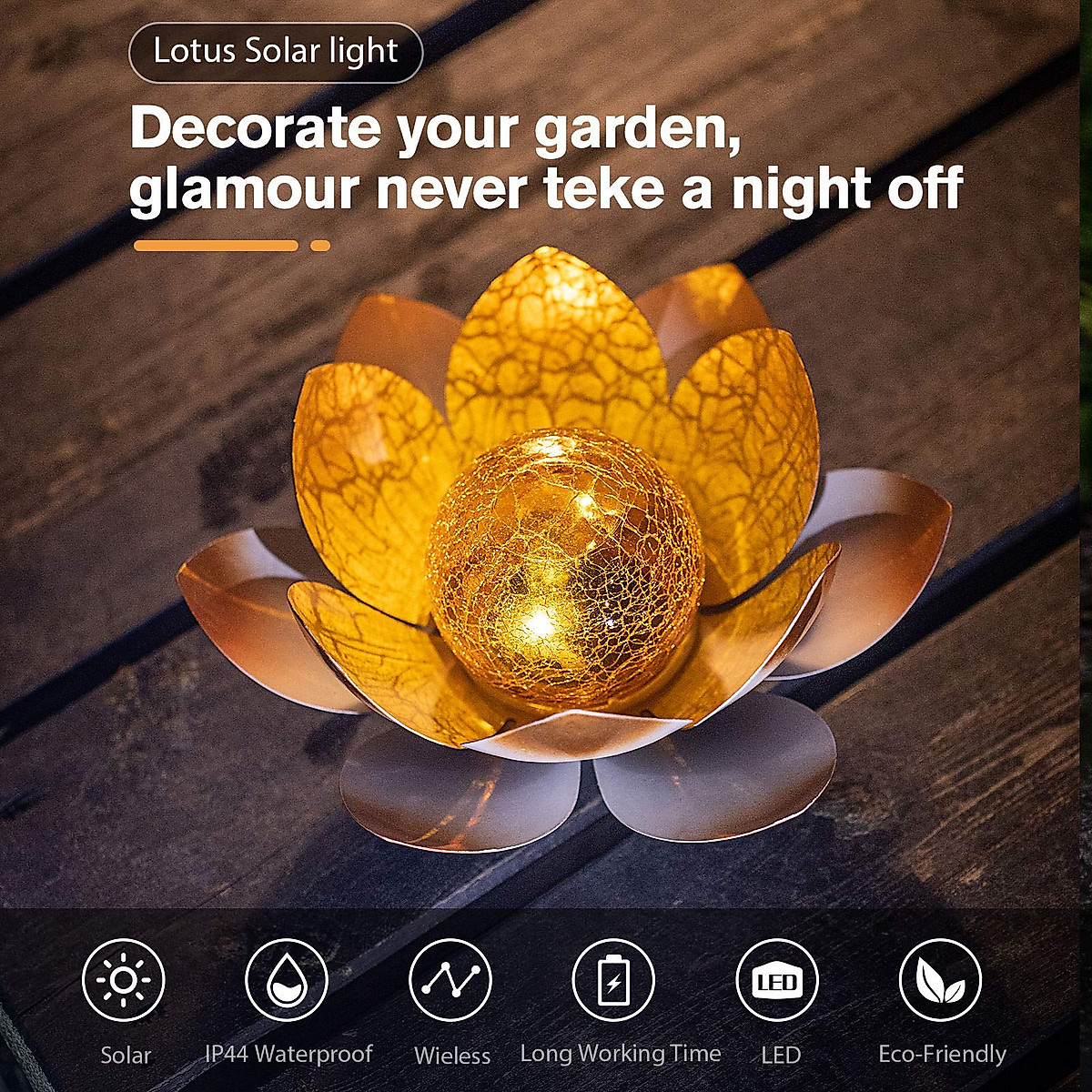 AIINY Garden Solar Lights Outdoor(2Pack) , Amber Crackle Globe Glass Lotus Decoration , Waterproof Orange Metal LED Flower Lights for Patio,Lawn,Walkway,Tabletop,Ground, Garden Gifts for Women