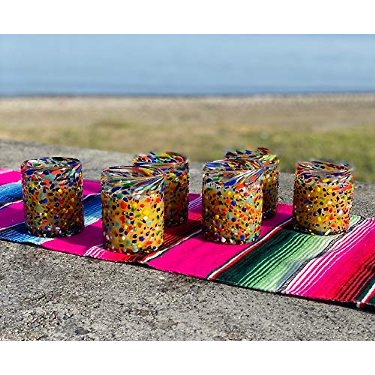 Hand Blown Mexican Drinking Glasses – Set of 6 Confetti Rock Tumbler Glasses (10 oz each)